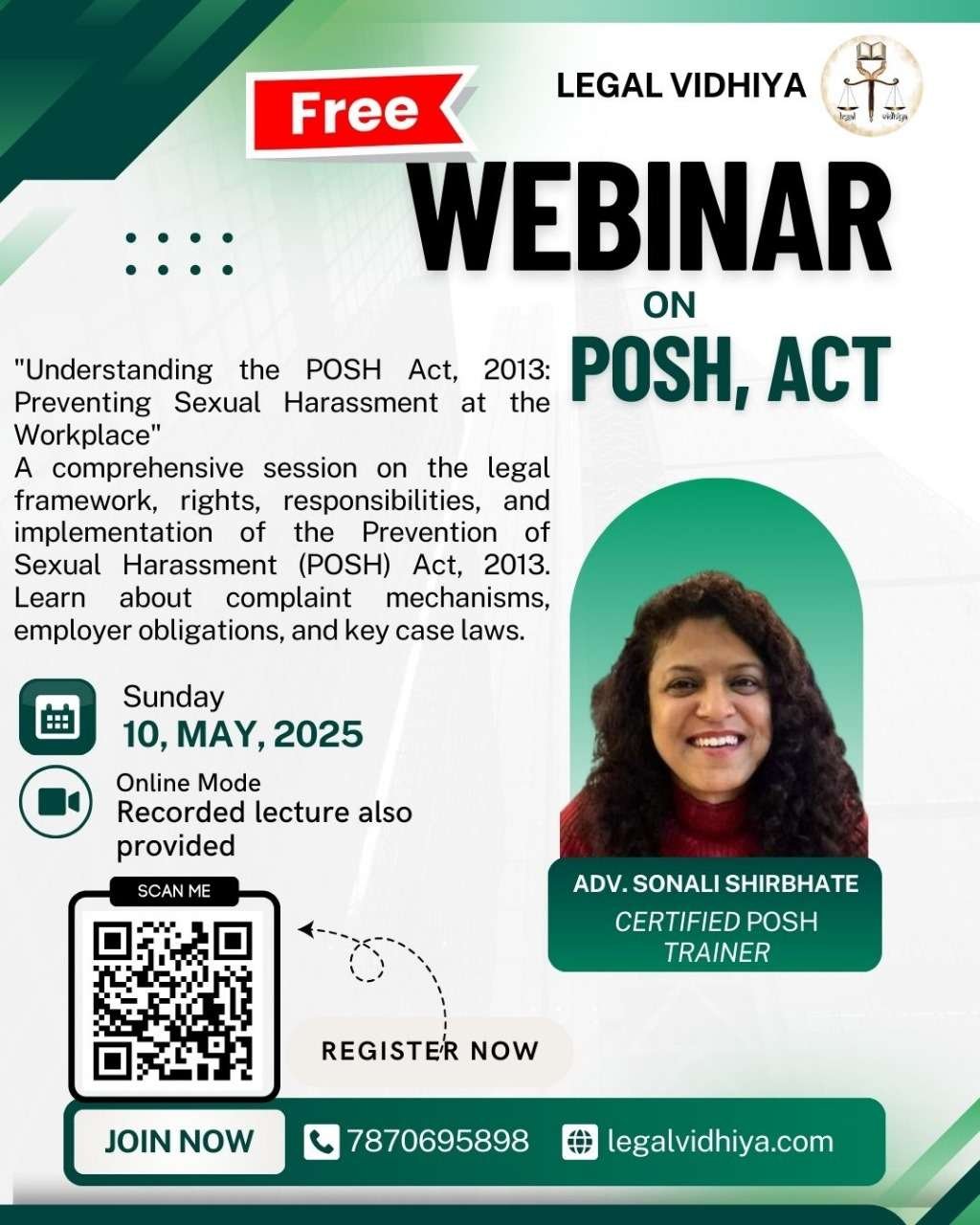 Free Live Webinar on POSH ACT, 2013 by Legal Vidhiya [10 May 2025 at 05 ...